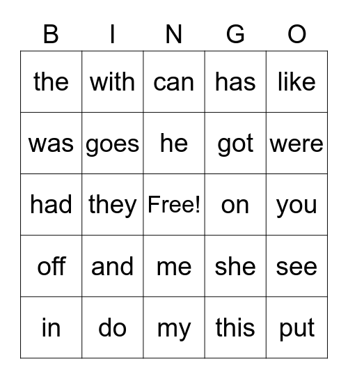 Sight Word Bingo Card