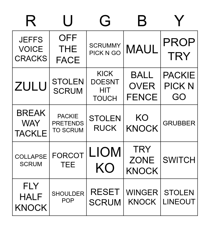 Rugby Bingo Card