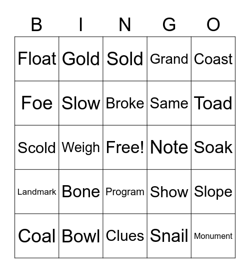 Vocab Long O Bingo Card
