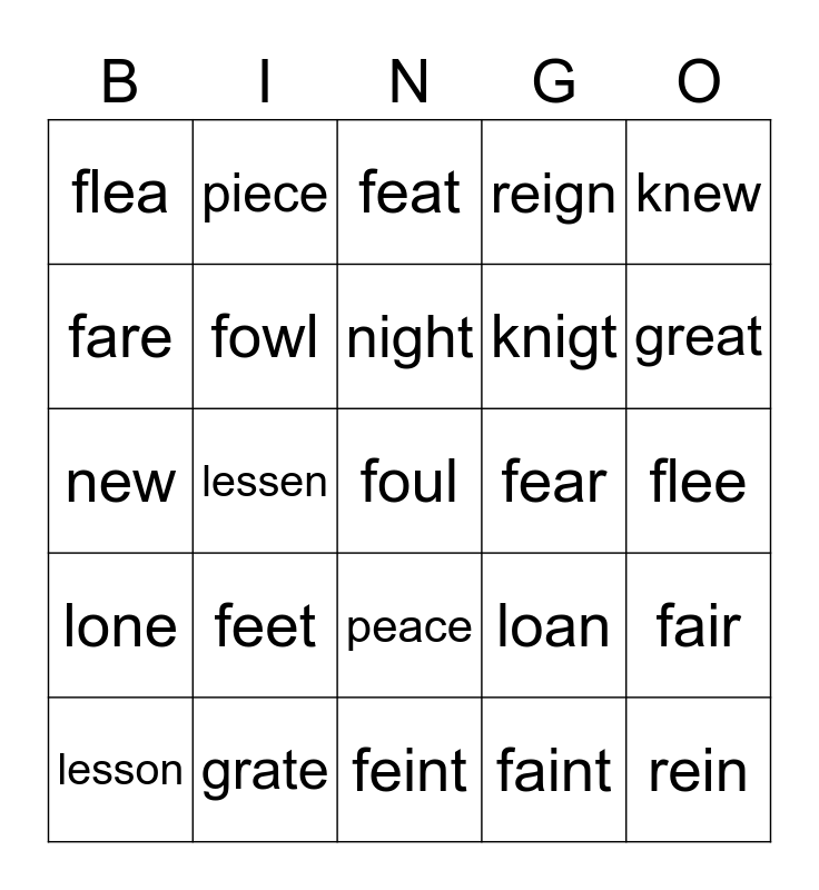 Homophones Bingo Card