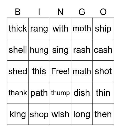 SH, TH, and NG Bingo Card