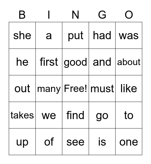 Sight Word Bingo Card