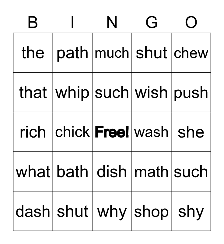 Digraph Bingo Card
