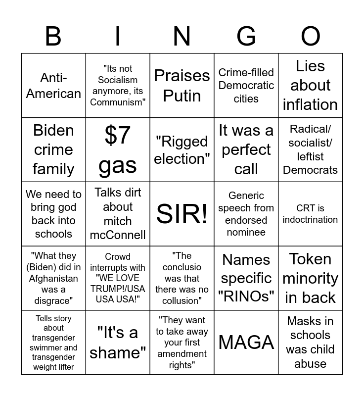 Trump Rally Bingo (2022/Midterms Edition) Bingo Card