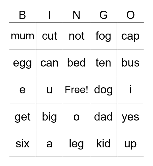 Mixed Vowel Bingo Card