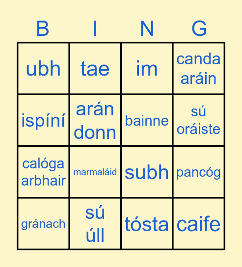 Gaeilge - Bia (Bricfeasta) Bingo Card