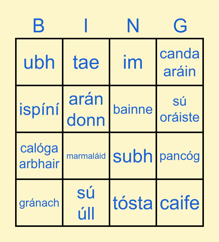 Gaeilge - Bia (Bricfeasta) Bingo Card