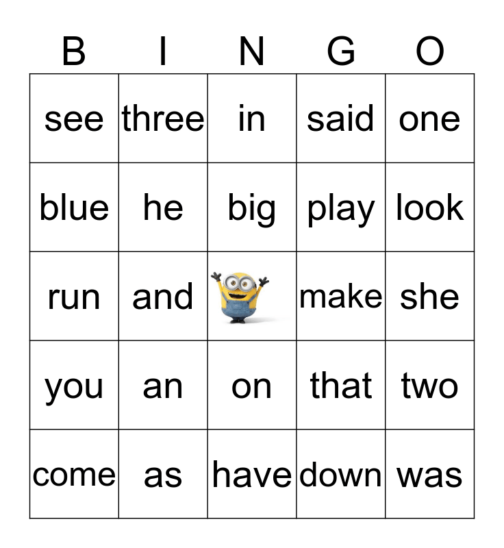 Minion Sight Words Bingo Card