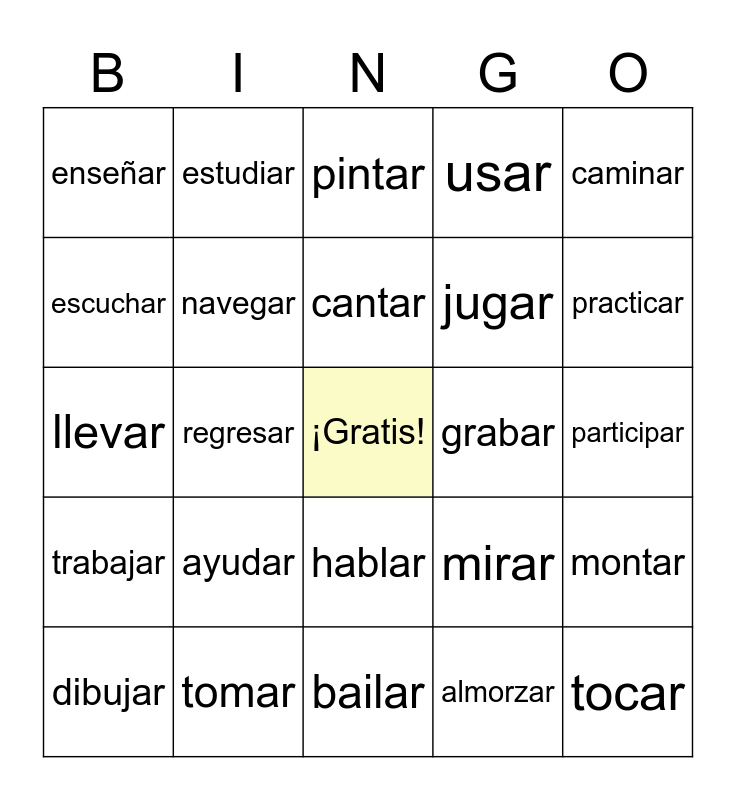 -ar verbs Bingo Card