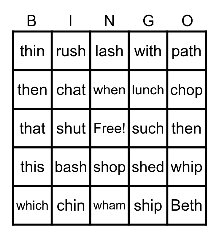 Digraph Bingo Card