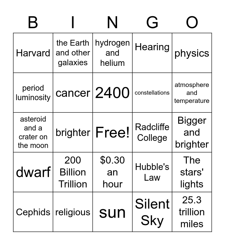 Cosmic Bingo Card
