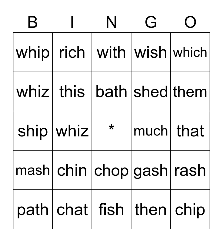 Digraphs Bingo Card