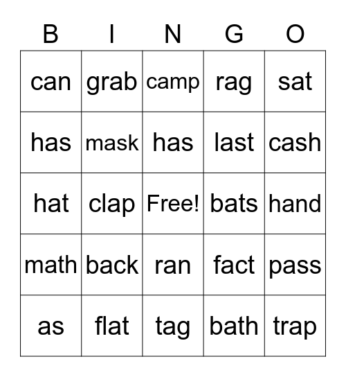 Short a Bingo Card