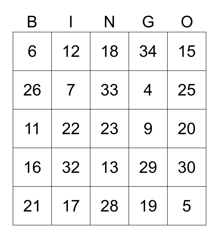 1 – 35 Bingo Card