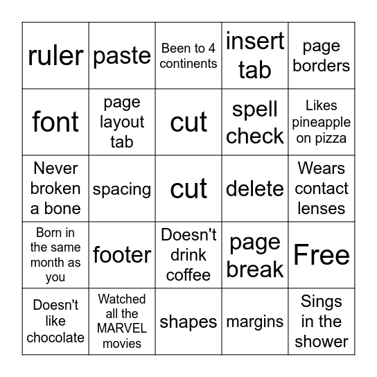 Microsoft Word Bingo Card