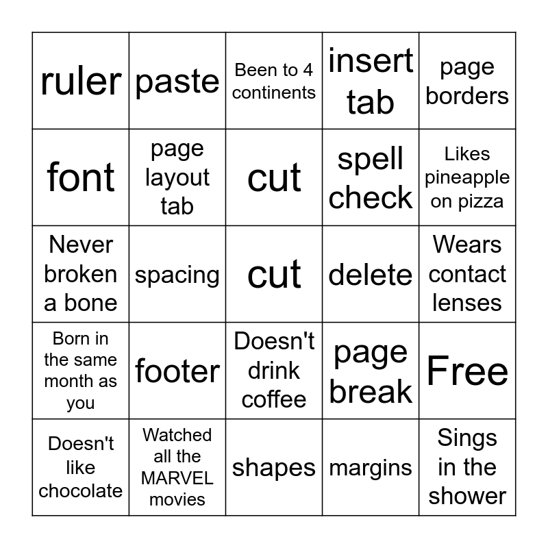 Microsoft Word Bingo Card