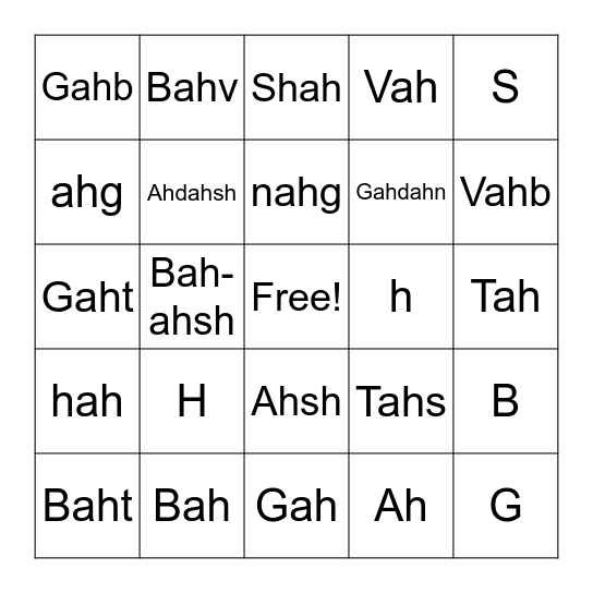 Shin, Sin, Ayin, Tav, Bet, Vet, Gimel, hey, Het Bingo Card
