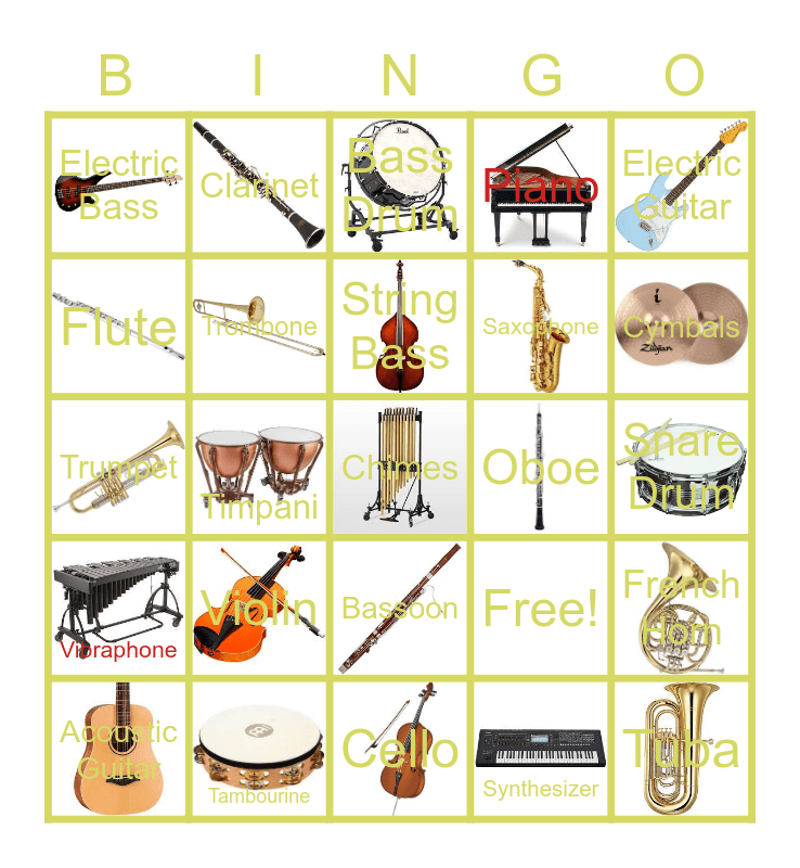 Music Instrument Bingo Card