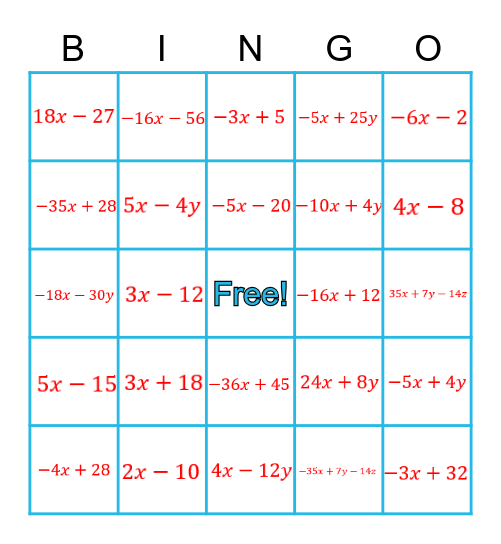 DISTRIBUTIVE PROPERTY Bingo Card