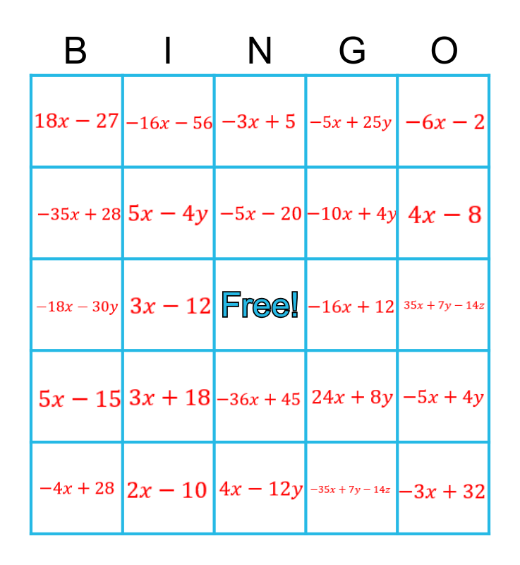 DISTRIBUTIVE PROPERTY Bingo Card