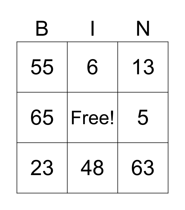 Number Bingo 1-20 Bingo Card