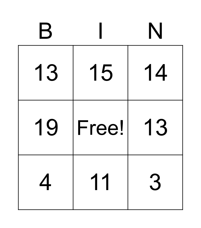 Number Bingo 1-20 Bingo Card