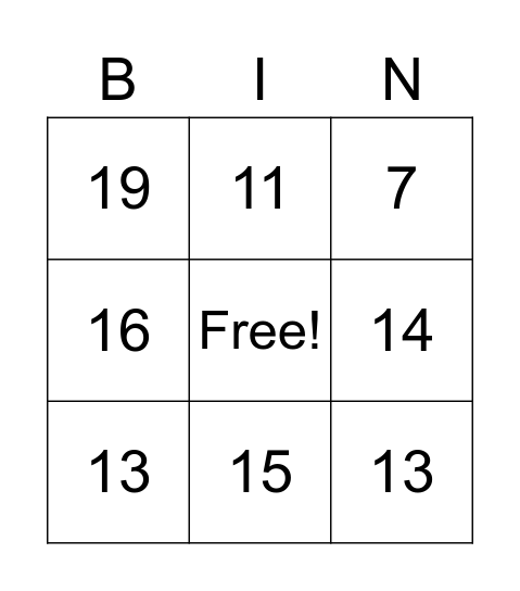 Number Bingo 1-20 Bingo Card
