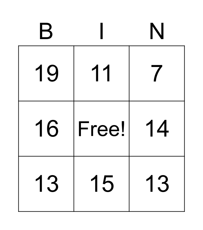 Number Bingo 1-20 Bingo Card