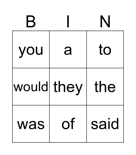 Tricky words Bingo Card