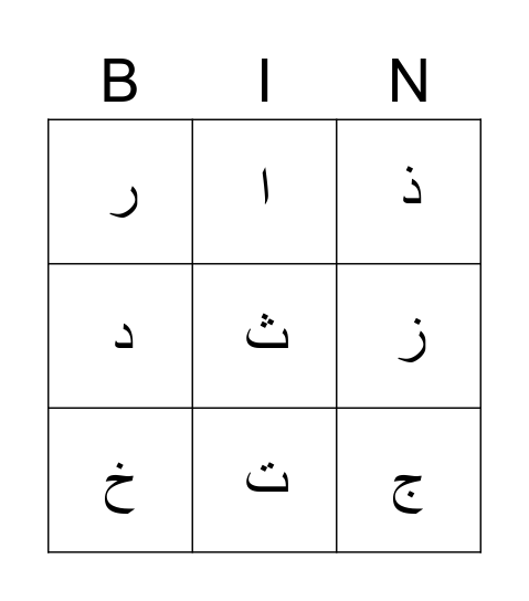 Arabic letters Bingo Card