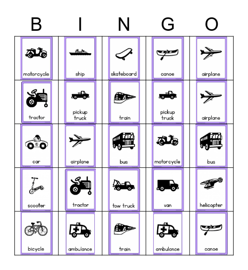 Transportation Bingo Card