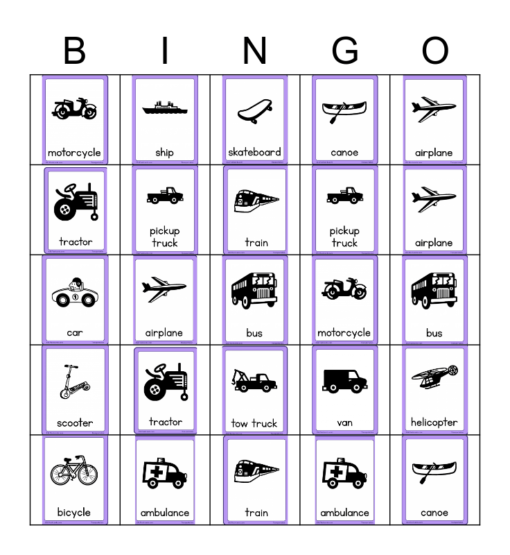 Transportation Bingo Card