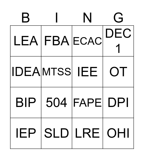 Special Education Bingo Card