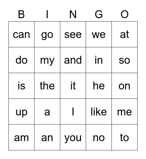 PreK Sight Word BINGO Card