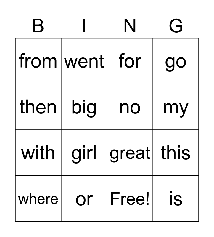 November Sight Words Bingo Card