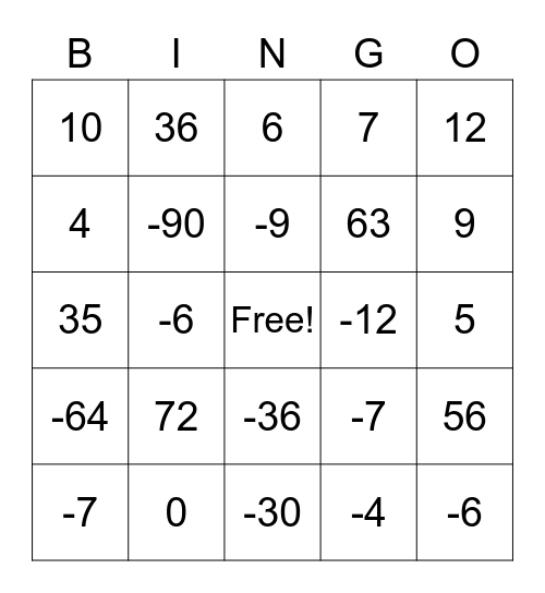 Multiplying & Dividing Integers Bingo Card