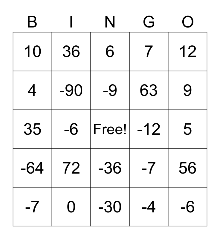 Multiplying & Dividing Integers Bingo Card