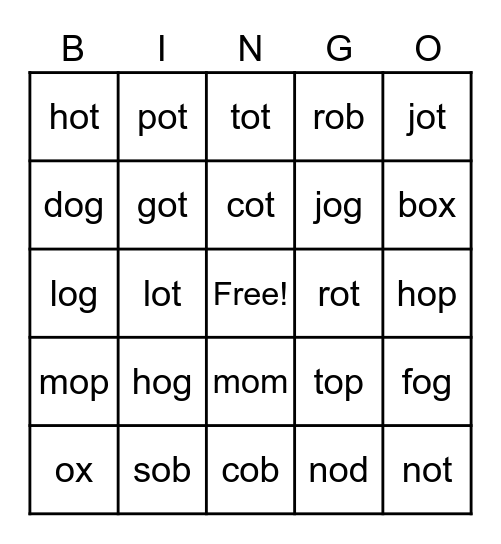 Short O CVC Words Bingo Card
