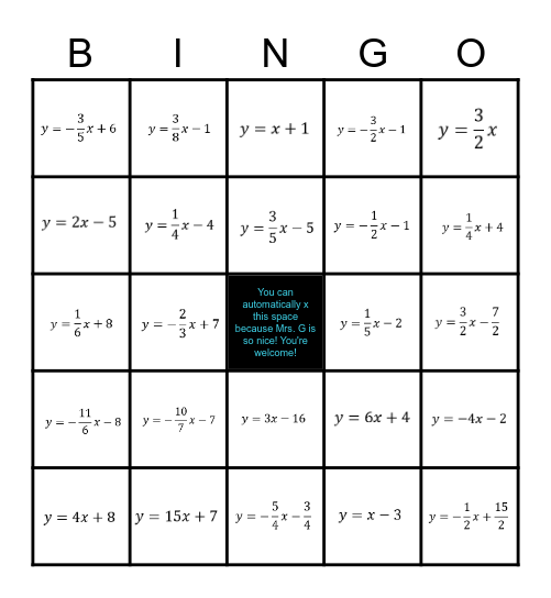 Standard Form to Slope Intercept Form BINGO Card