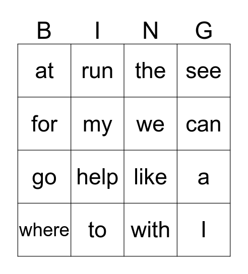 Sight Word BINGO Card