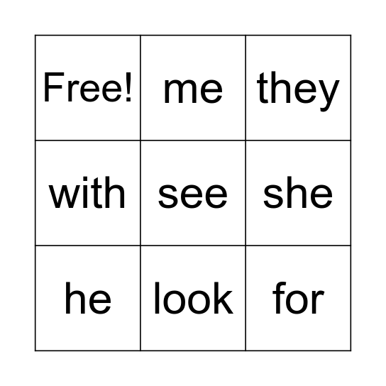 Sight Word Bingo Card