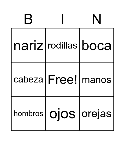 Partes del Cuerpo 1st Bingo Card