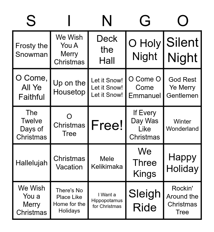 Christmas Carol Bingo Card