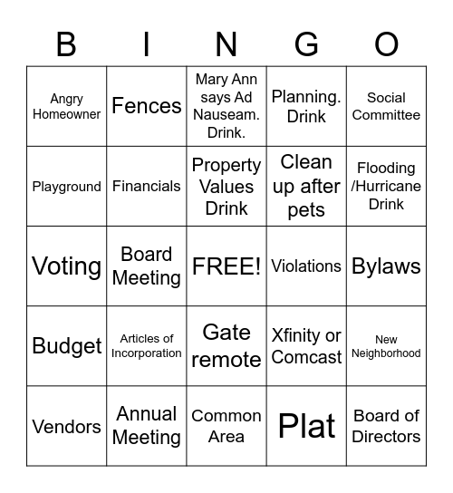 HOA Bingo Card