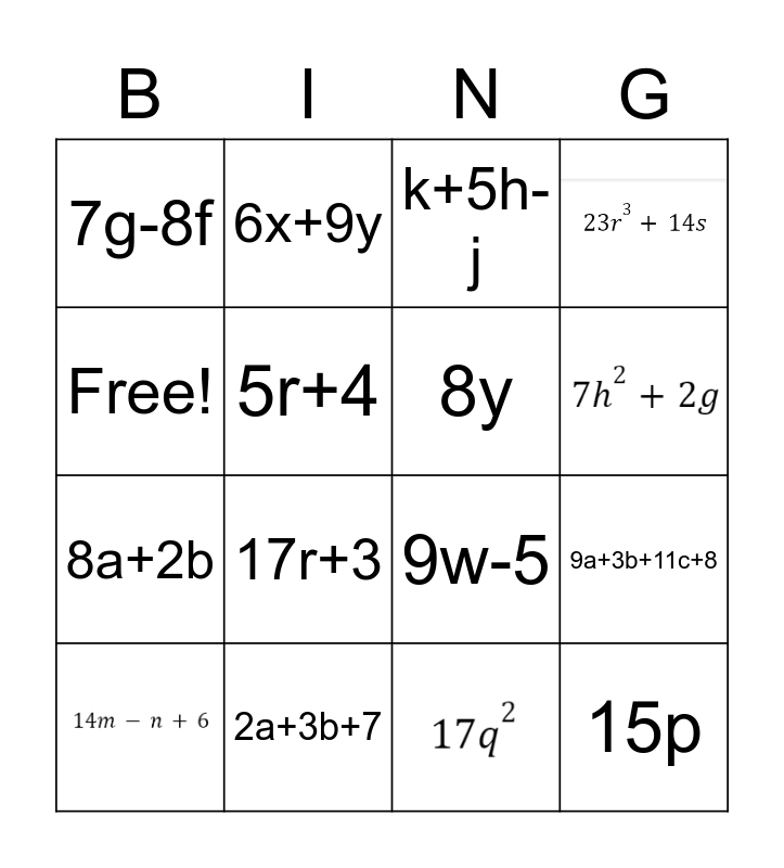 Combining Like Terms Bingo Card