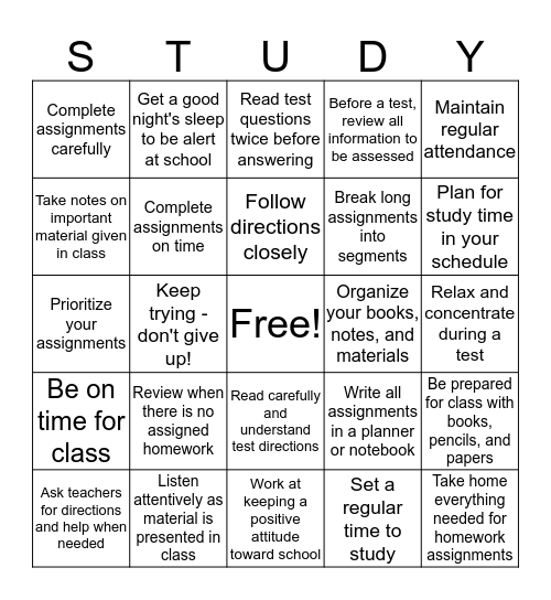 STUDY SKILLS BINGO Card