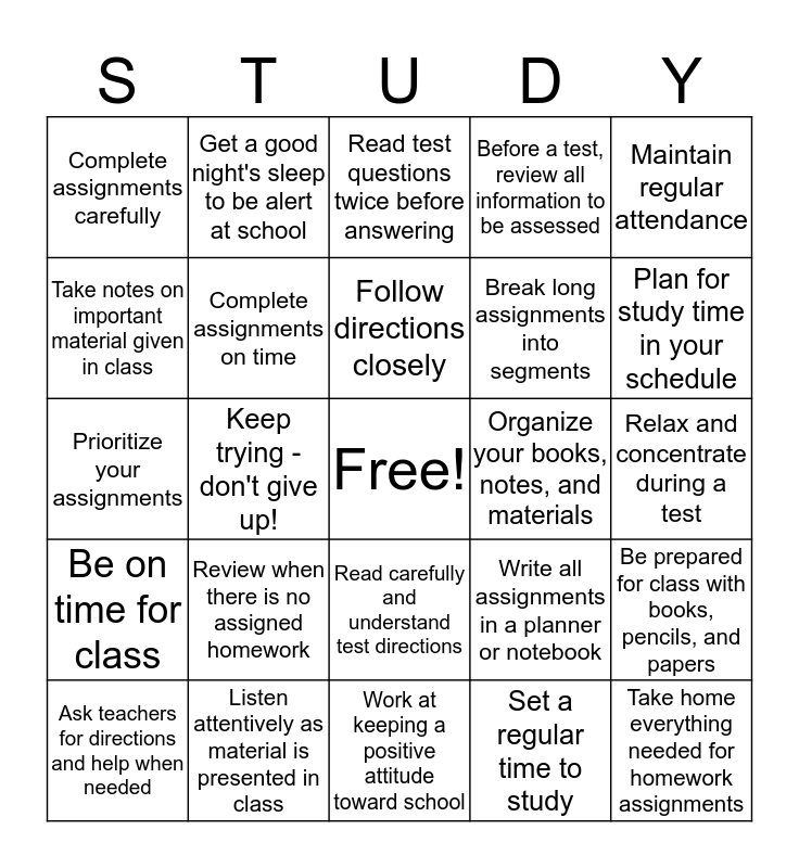 STUDY SKILLS BINGO Card