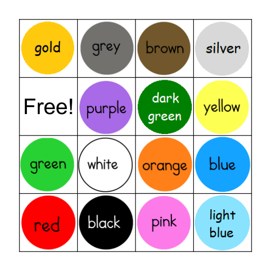 Colours Bingo Card