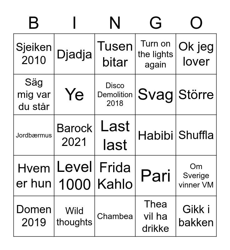 Musikkbingo Card