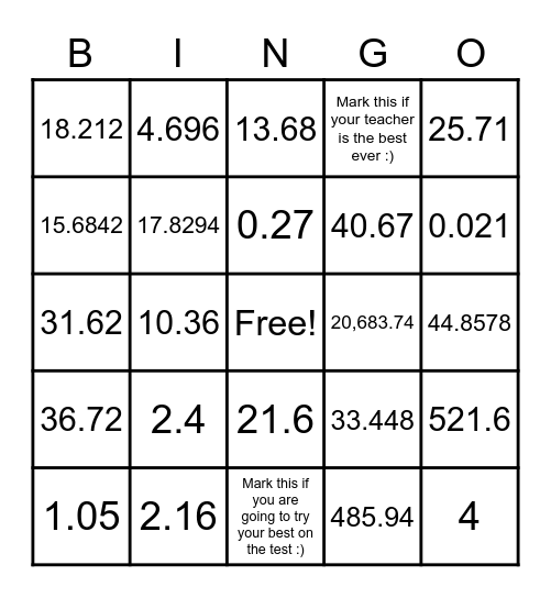 Multiplying Decimals Bingo Card